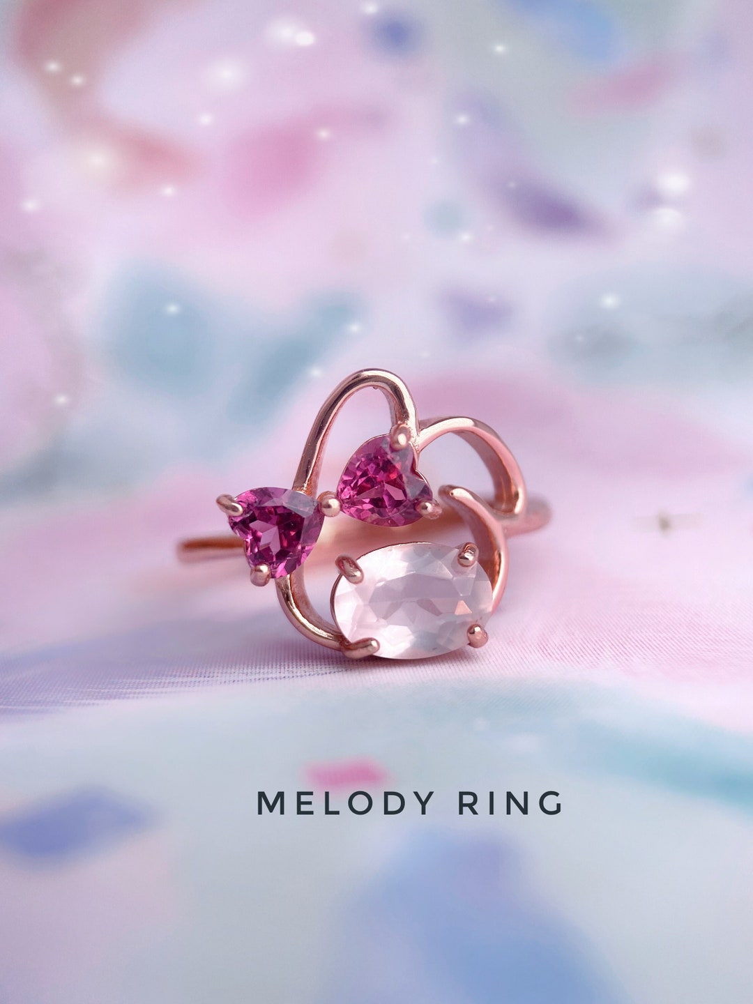Melody Ring, Rose Quartz Ring, Rhodolite Ribbon Ring, Sanrio Ring, My Melody Ring, Rose Gold ...