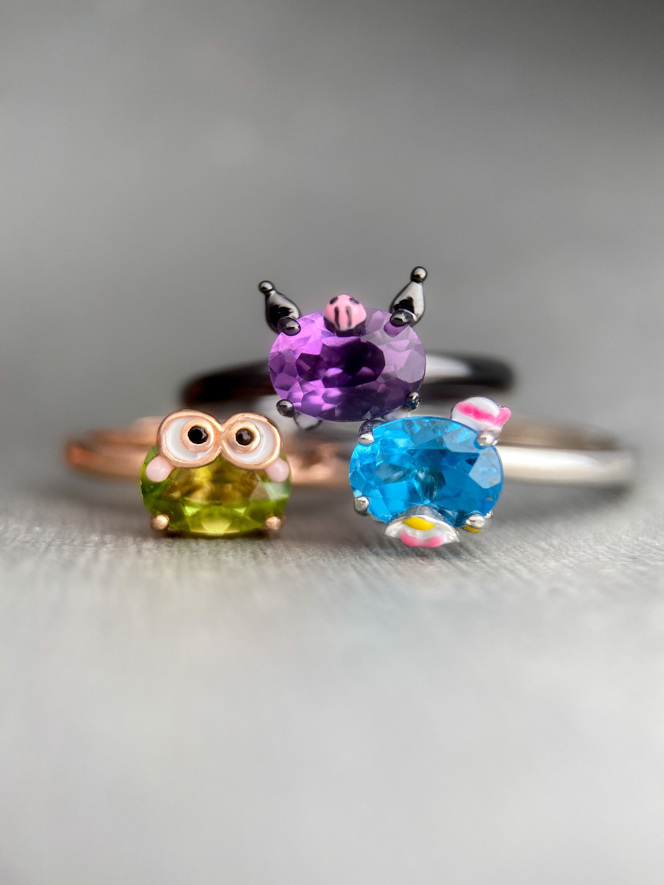 Natural Amethyst Kuromi Inspired Ring — Black Gold Goth Jewelry — Dark ...