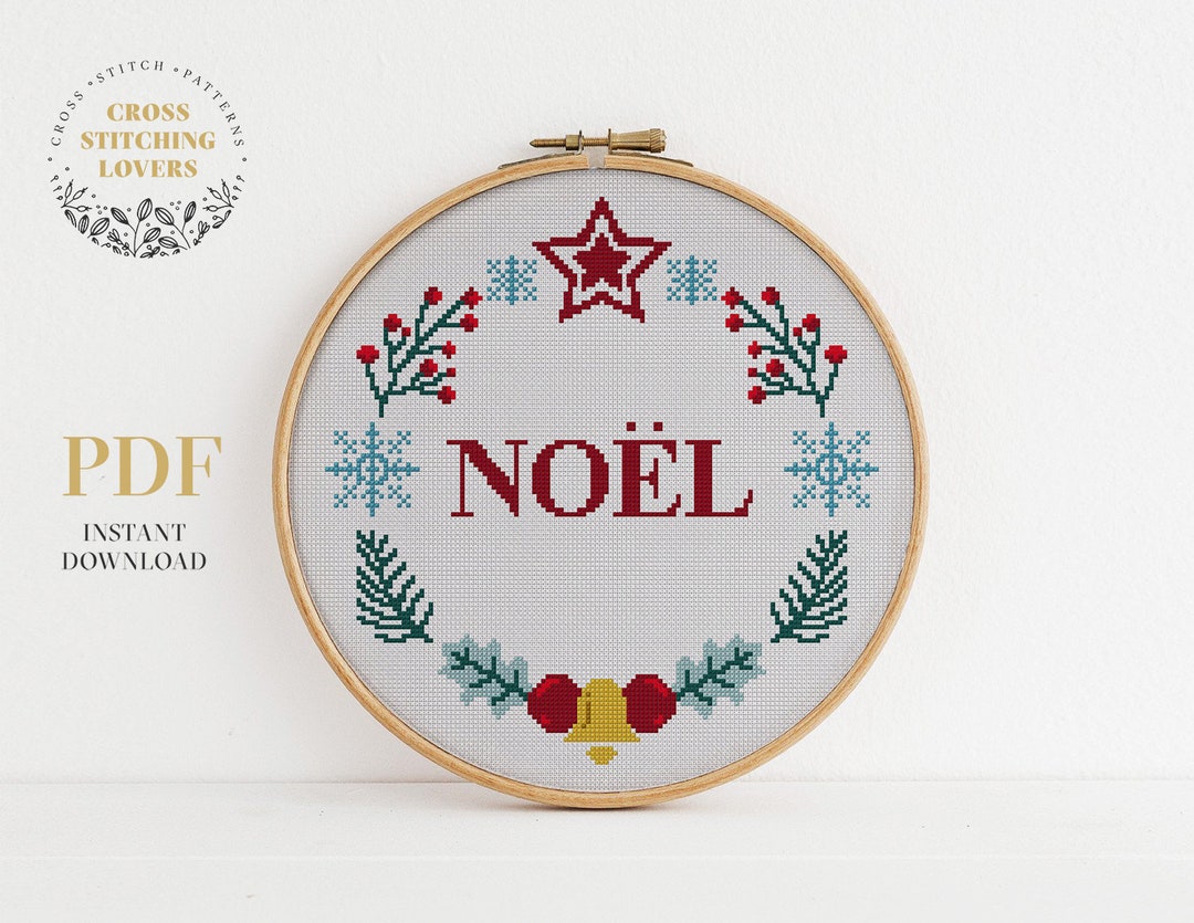 Noel Cross Stitch Pattern, Christmas Wreath Counted Cross Stitch Chart ...