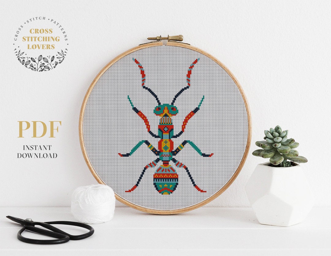 Ant Cross Stitch Pattern, Colorful Insect, Embroidery Design, Instant ...