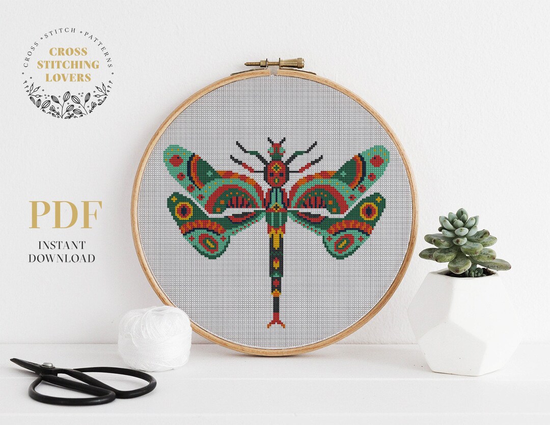 Colorful Dragonfly Cross Stitch Pattern, Insect Theme Embroidery, Easy ...