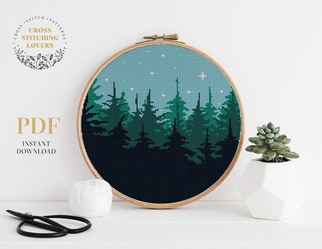 Forest Theme Cross Stitch Pattern, Starry Night Counted Cross Stitch ...