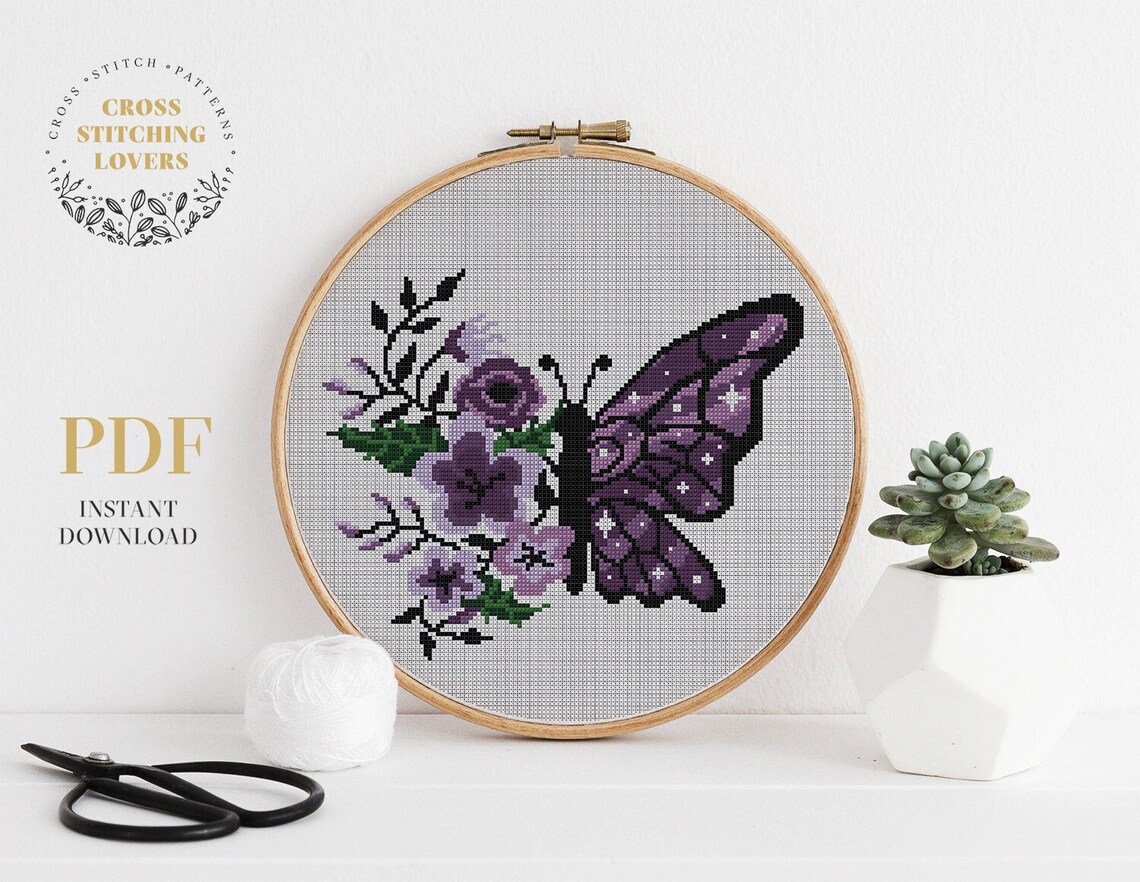 Violet Butterfly Cross Stitch Pattern Modern PDF Counted - Etsy