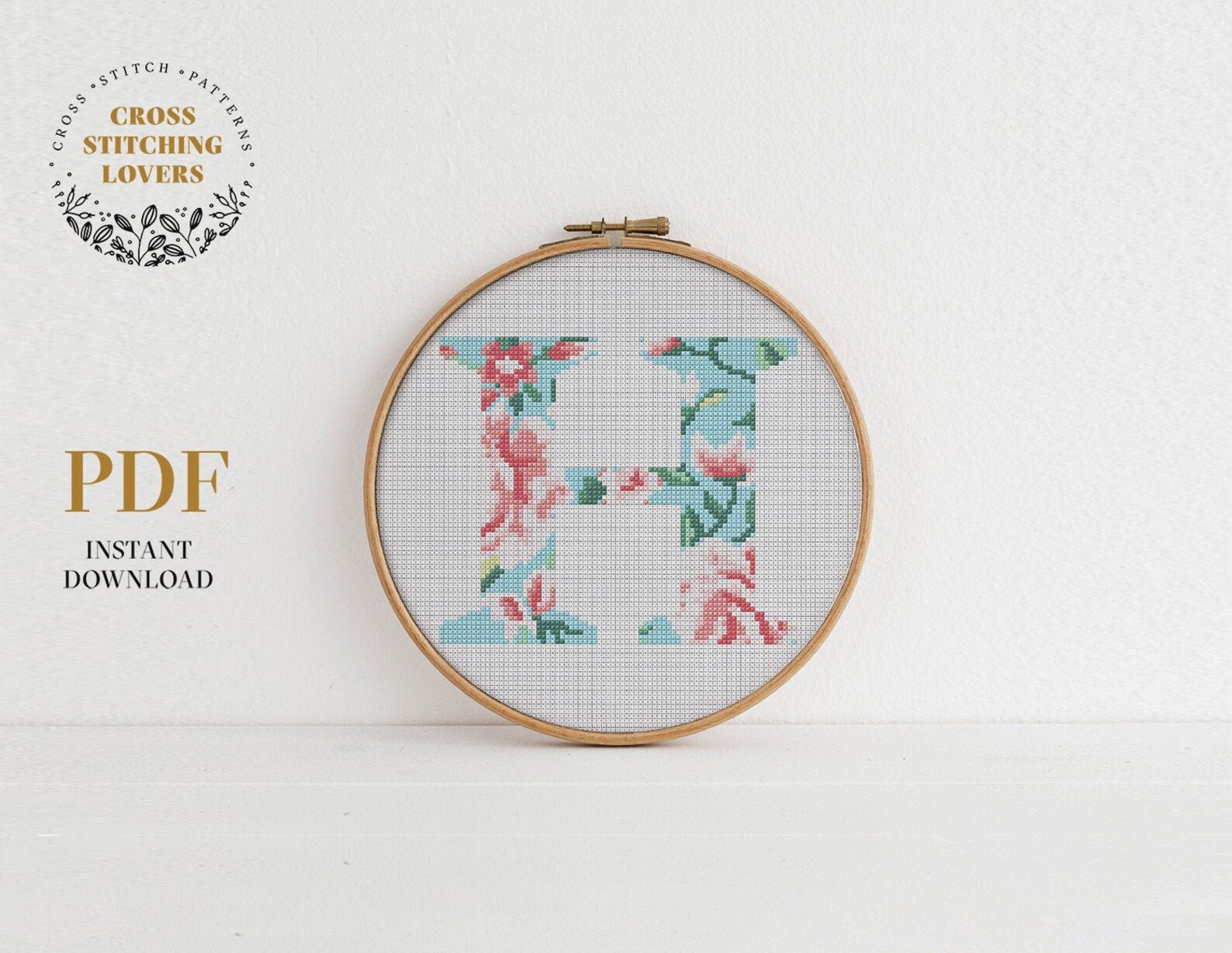 Flower Letter Cross Stitch Pattern, H - Alphabet Embroidery Pattern ...