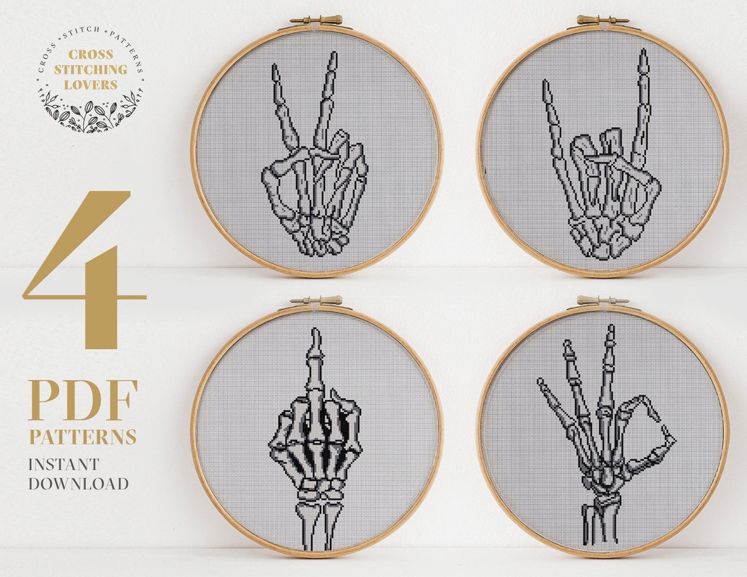 Skeleton Cross Stitch Pattern, Hand Gestures, Embroidery Home Decor ...