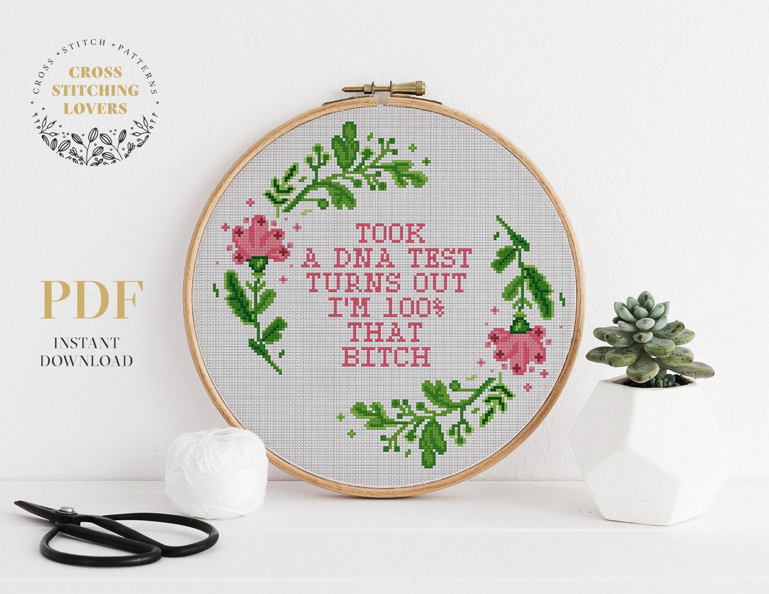Snarky Cross Stitch PDF Pattern, Flower Wreath Embroidery Design, Easy ...