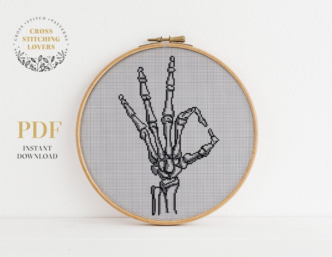 Skeleton hand cross stitch pattern OK sign Gothic theme | Etsy