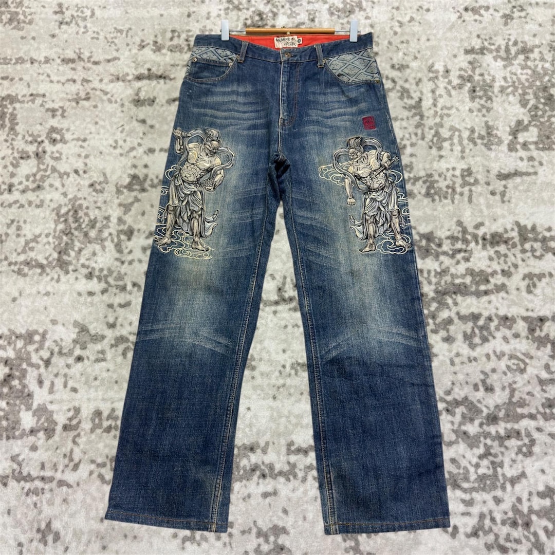 Vintage Karakuri Tamashii Fūjin Raijin Embroidered Japanese Denim ...