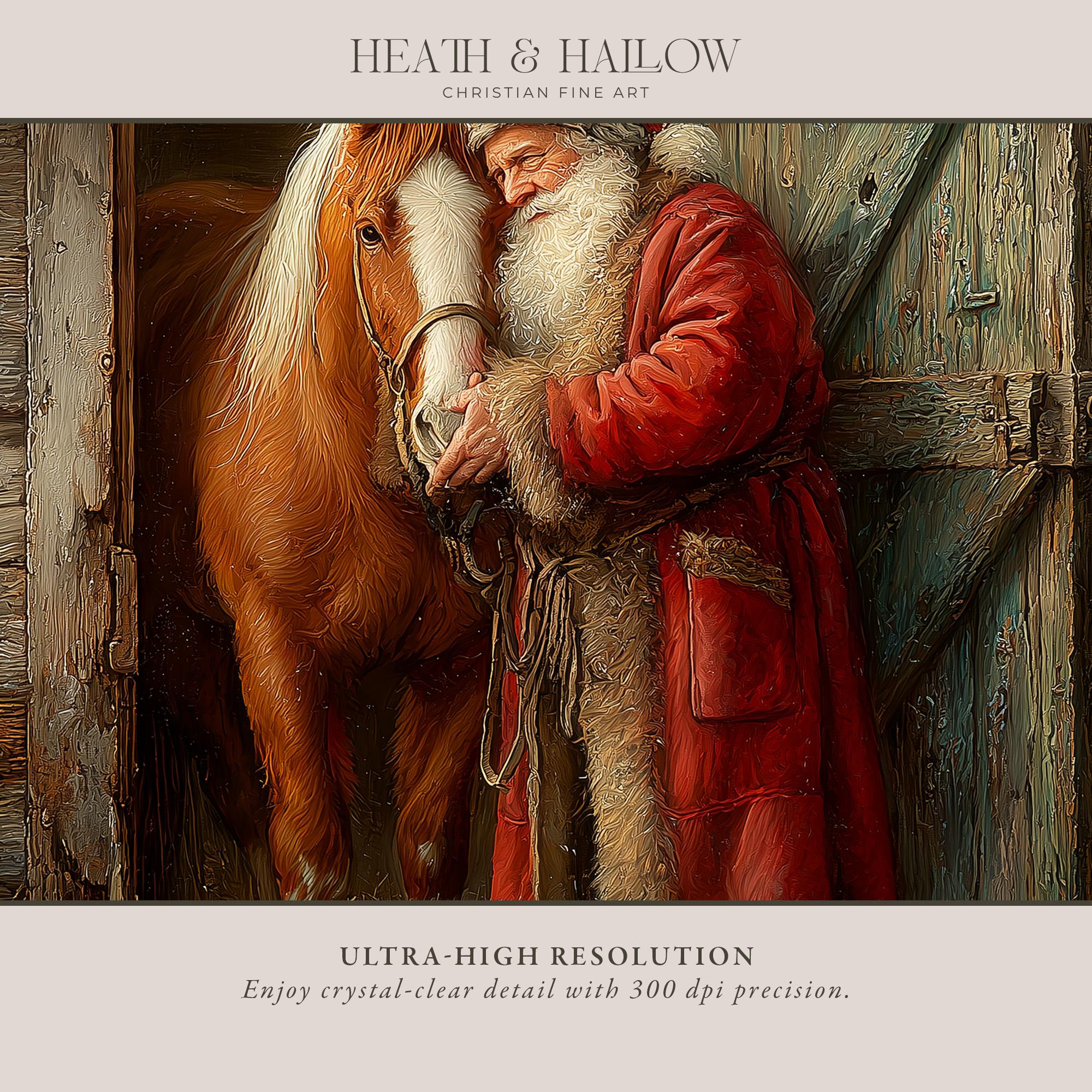 Santa With Horse Christmas Printable Wall Art | Rustic Stable Scene ...