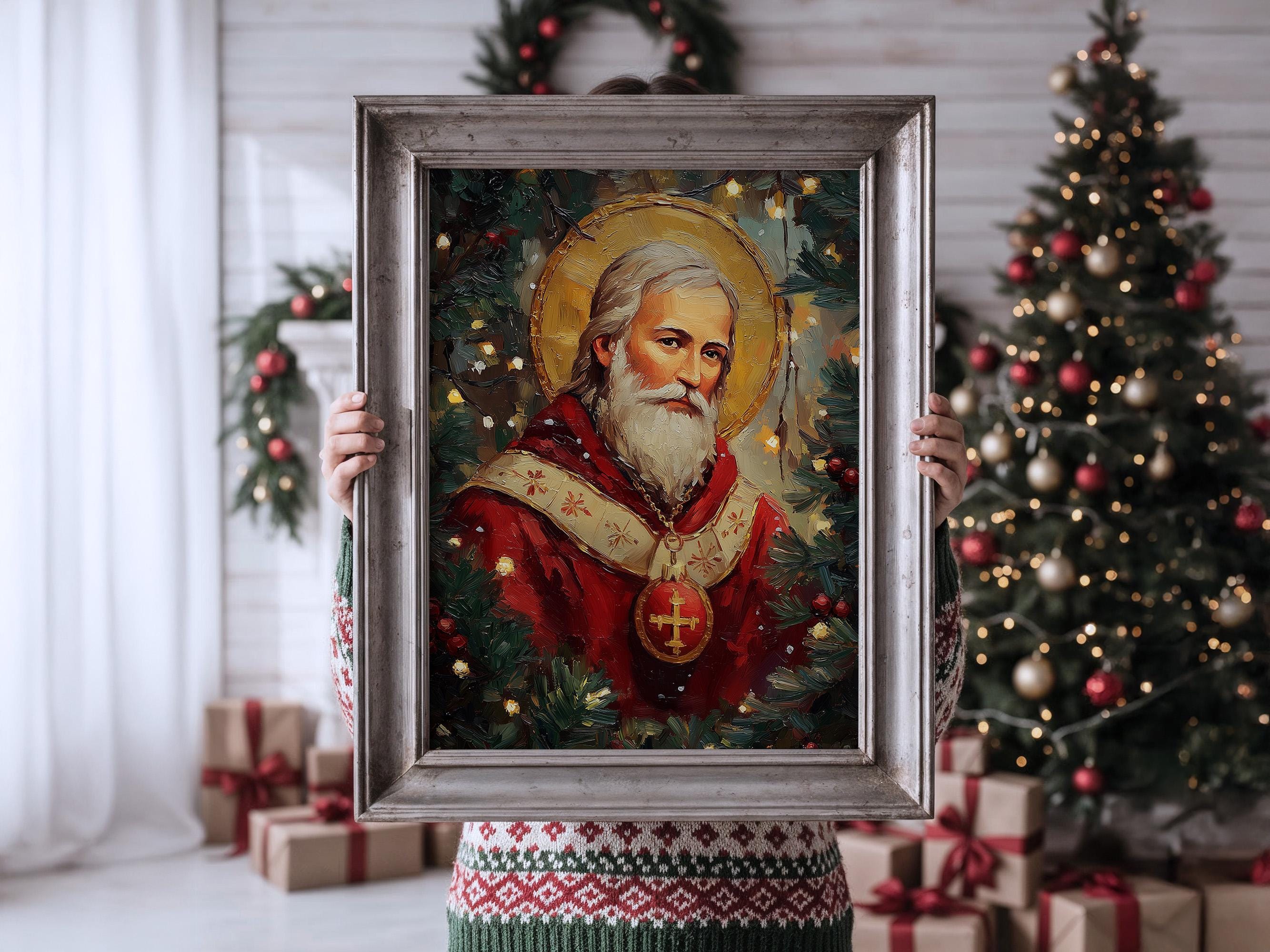 Saint Nicholas Christian Icon Painting, Vintage Christmas Wall Art ...