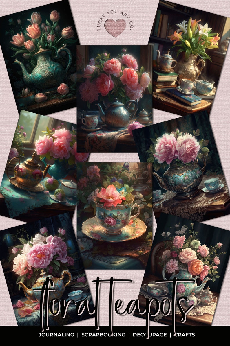 Floral Teapot Ephemera Cards, Tea Party Junk Journal, Tea and Flowers ...