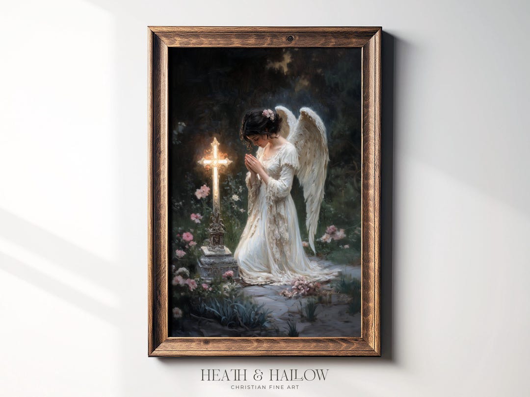 Kneeling Angel Wall Art | Seraph Praying by Glowing Cross | Spiritual ...