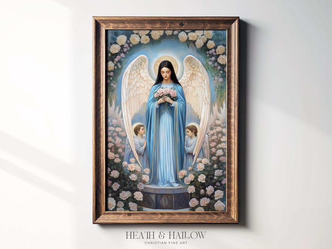 Madonna With Roses | Marian Angel Painting | Cherubim Religious Print ...