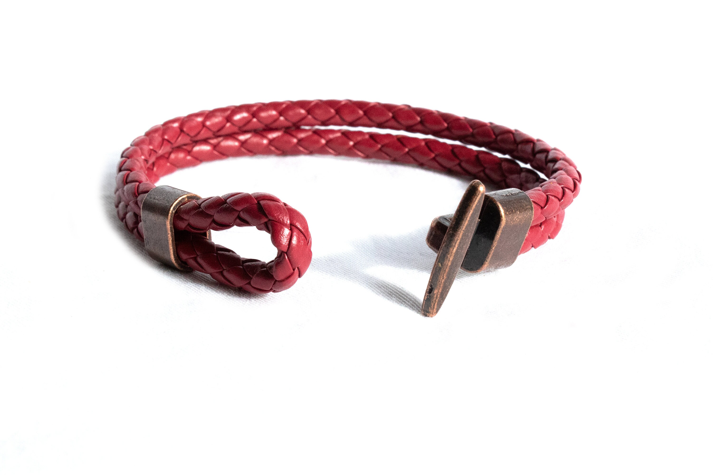 Braided Leather Bracelet Red Leather and Copper Bracelet - Etsy