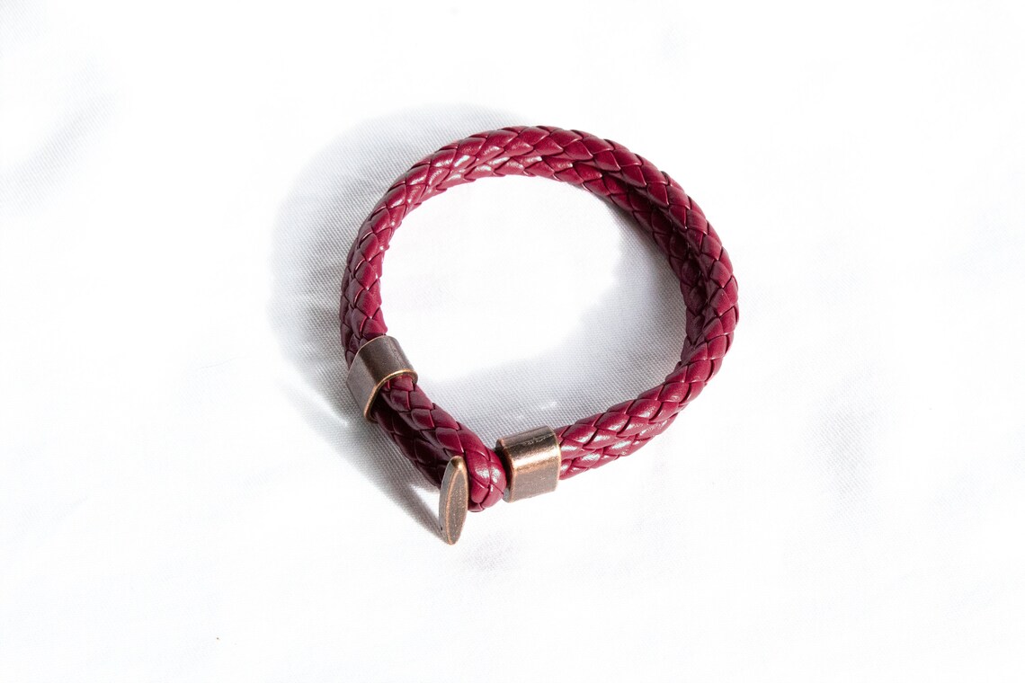 Braided Leather Bracelet Red Leather and Copper Bracelet - Etsy