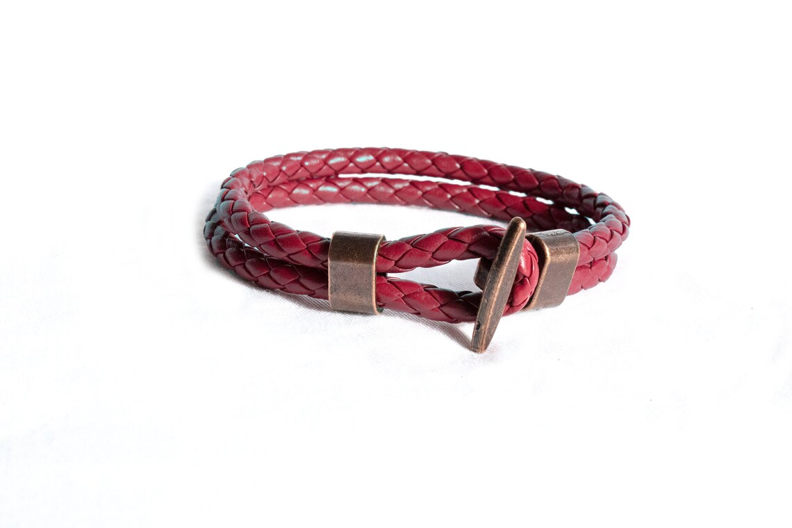 Braided Leather Bracelet Red Leather and Copper Bracelet - Etsy