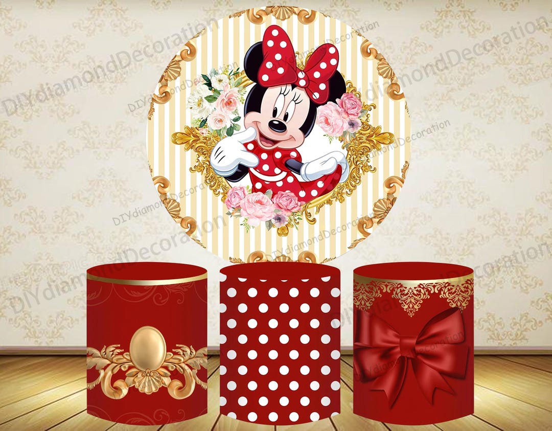 Red Gold Minnie Mouse Round Backdrop Cover and Cylinder Covers Elegant ...