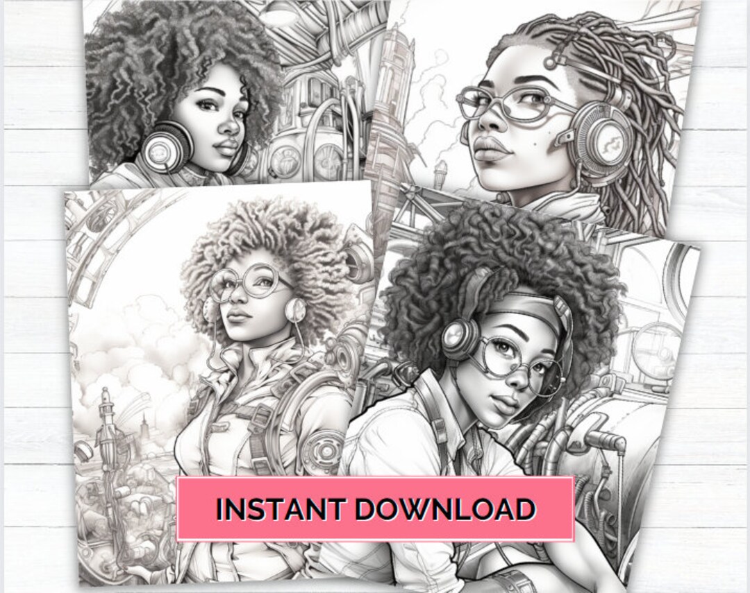 Steampunk Cyberpunk Afro Girls Coloring Book Pages Digital Printable ...