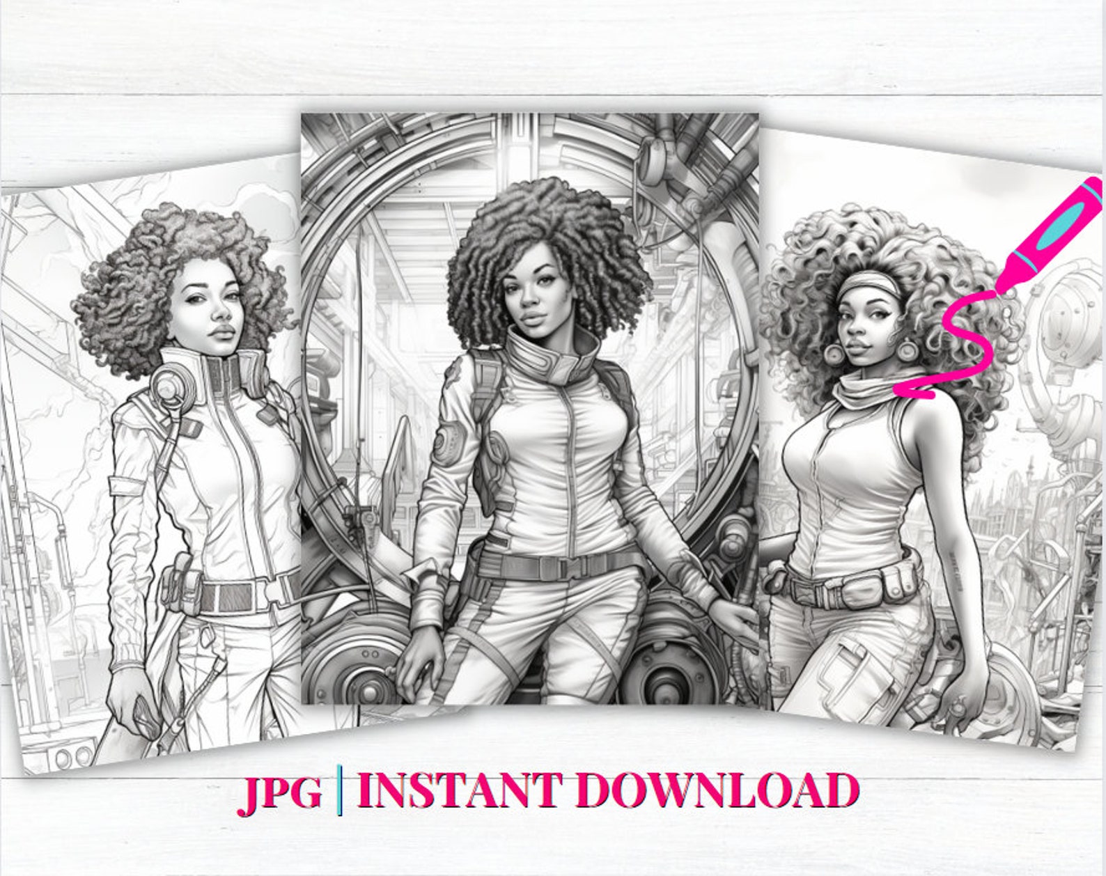 Steam Punk Futuristic Girls Coloring Book Pages 12 Afro Women Digital ...