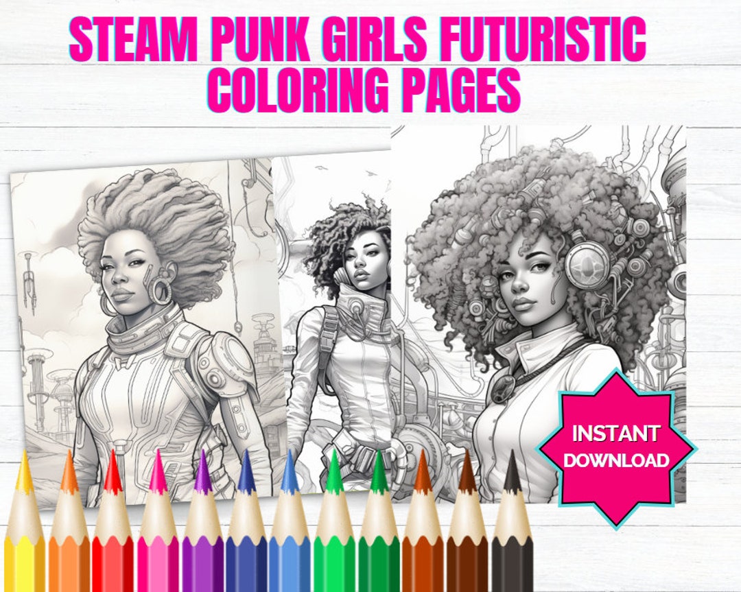 Steam Punk Futuristic Girls Coloring Book Pages 12 Afro Women Digital ...