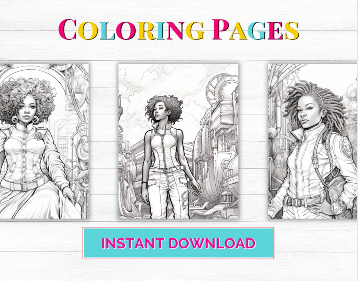 Steam Punk Futuristic Girls Coloring Book Pages 12 Afro Women Digital ...