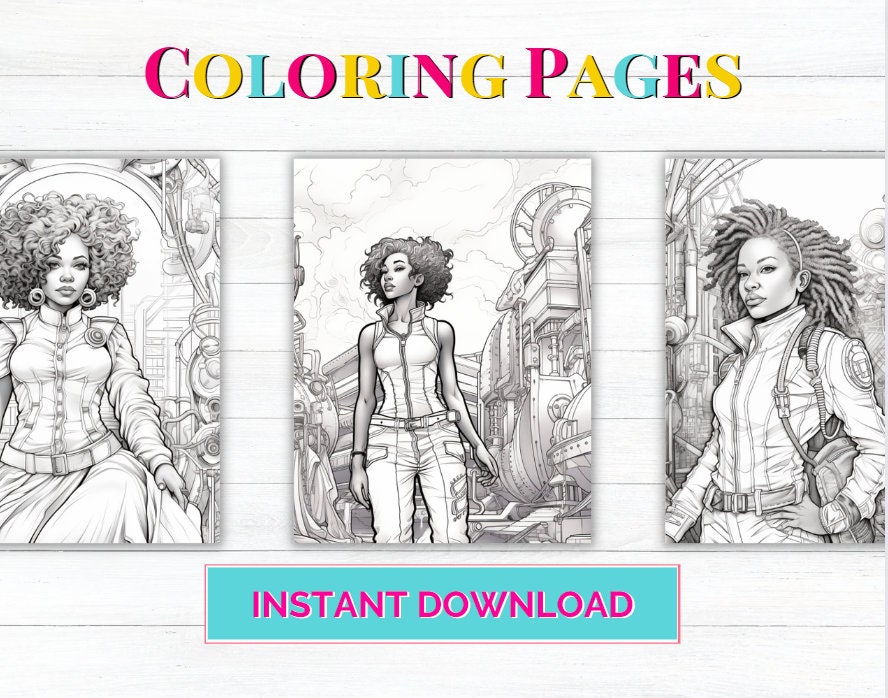 Steam Punk Futuristic Girls Coloring Book Pages 12 Afro Women Digital ...