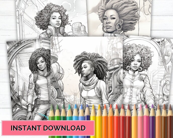 Steam Punk Futuristic Girls Coloring Book Pages 12 Afro Women Digital ...