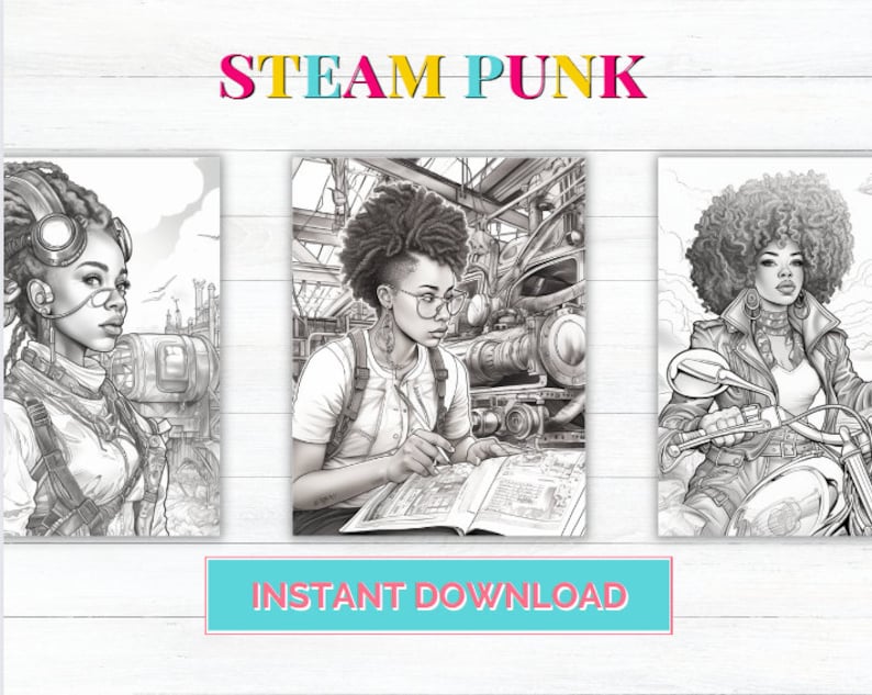 Steampunk Cyberpunk Afro Girls Coloring Book Pages Digital Printable ...