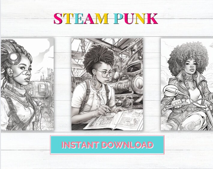 Steampunk Cyberpunk Afro Girls Coloring Book Pages Digital Printable ...