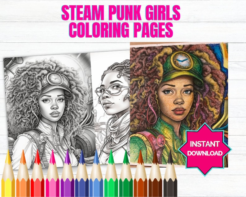 Steampunk Cyberpunk Afro Girls Coloring Book Pages Digital Printable ...