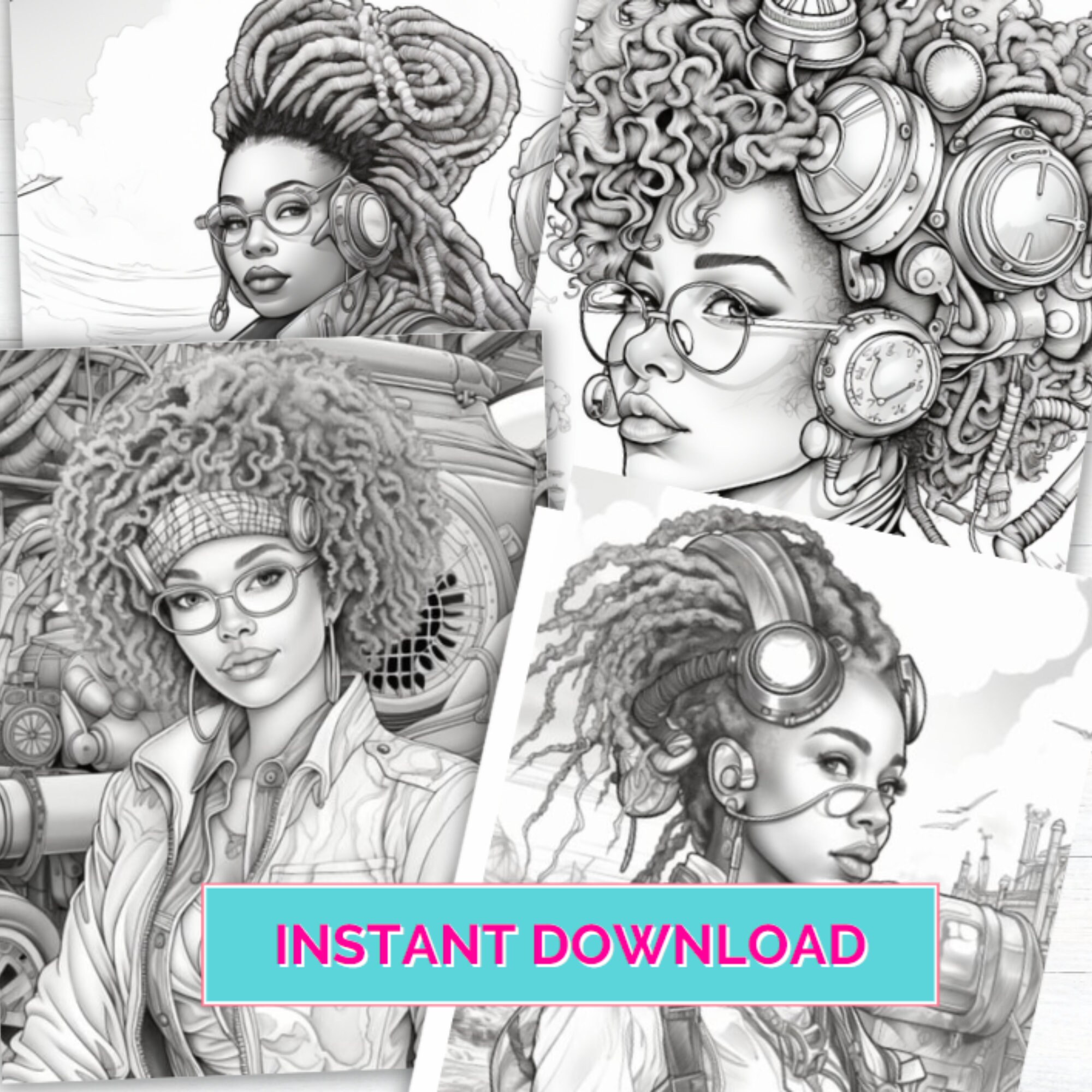 Steampunk Cyberpunk Afro Girls Coloring Book Pages Digital Printable ...