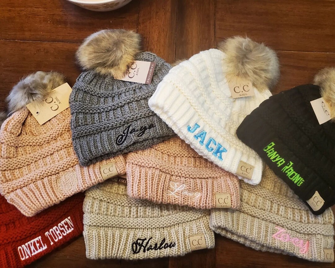 Kids CC Knit Beanie, Fur Pom, Girls, Toddler Beanie, Personalize Name ...