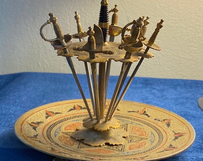 Vintage Toledo Enamelled Brass Sword Cocktail Stick Holder With ...
