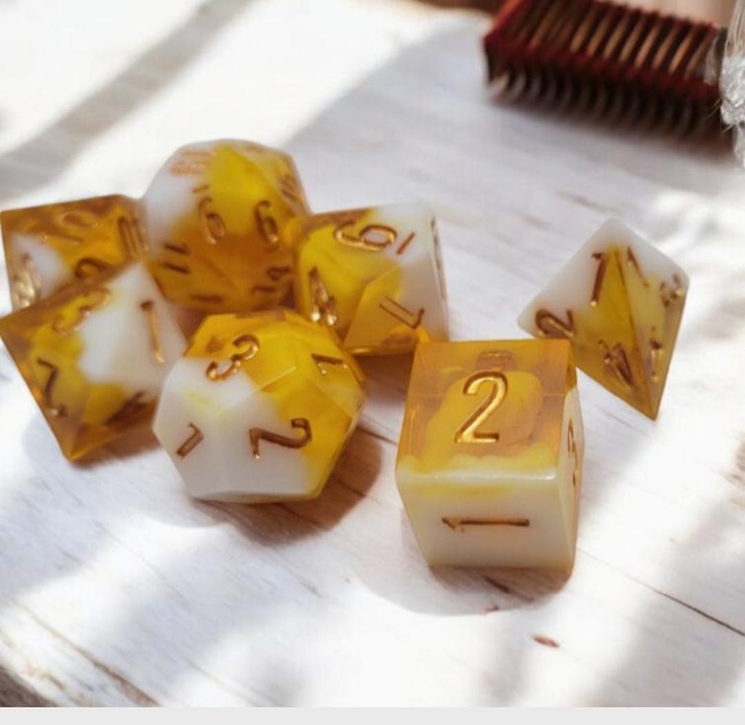 Honeyveil Reliquary | Sharp Edge Resin Dice Set With Golden Swirls ...