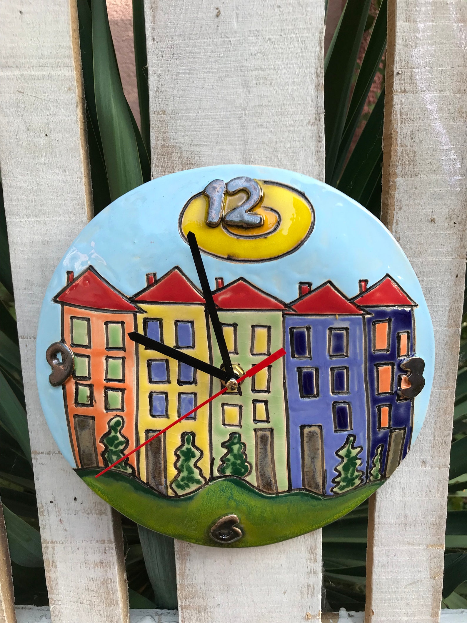 Handmade Ceramic Wall Clock, Colorful Townhouse Design, Kitchen Decor ...