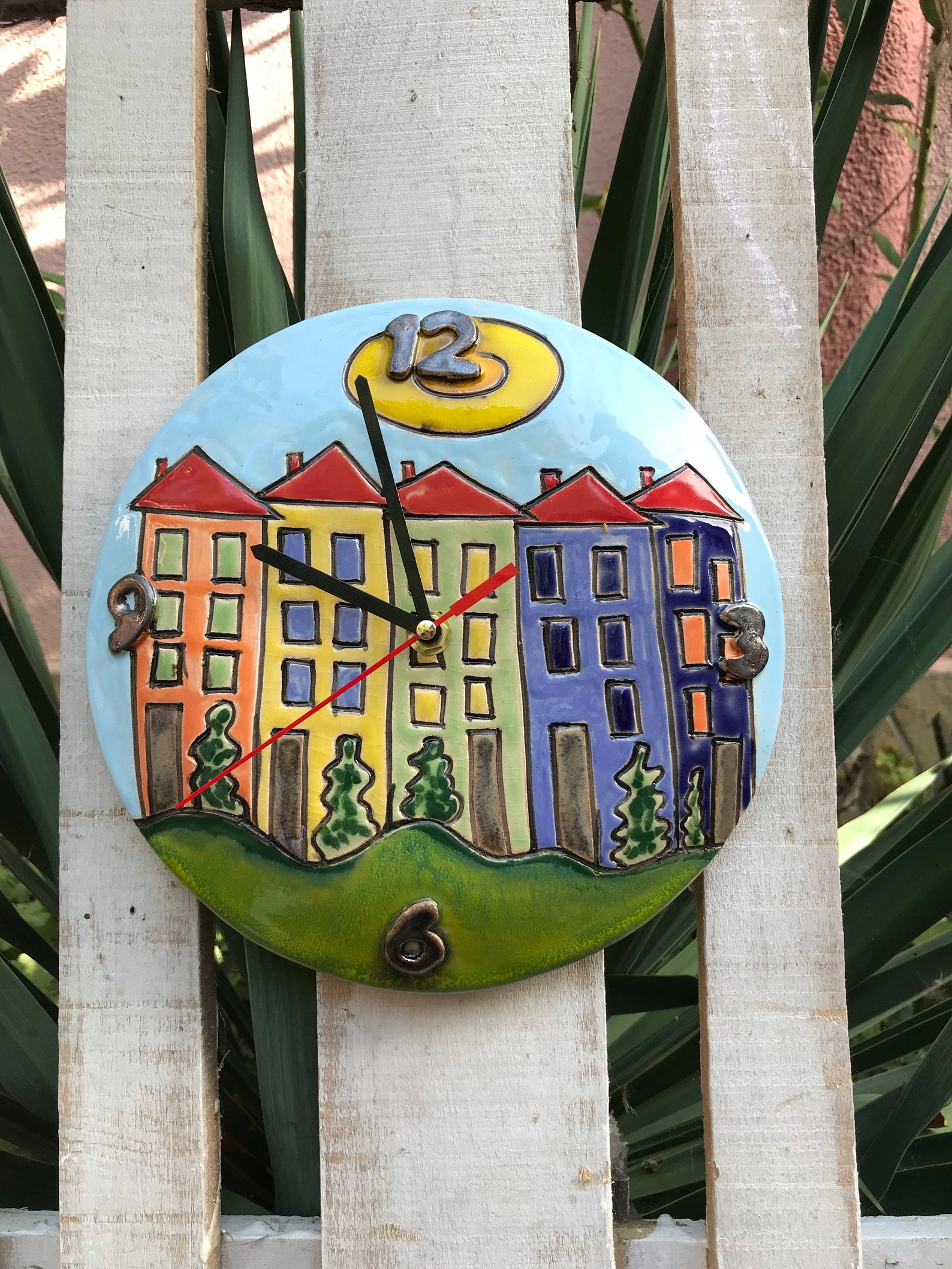 Handmade Ceramic Wall Clock, Colorful Townhouse Design, Kitchen Decor ...