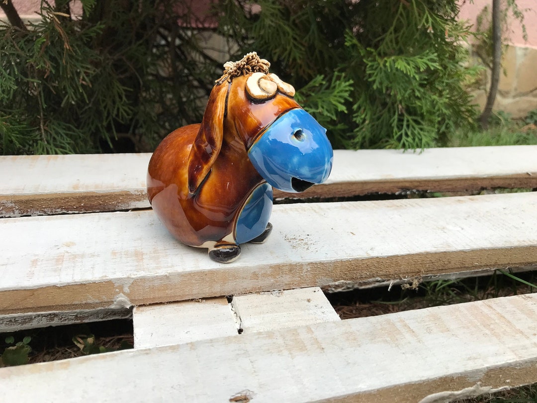 Donkeys Ceramic Figurine, Miniature Ceramic Donkey, Donkey Brown Blue ...