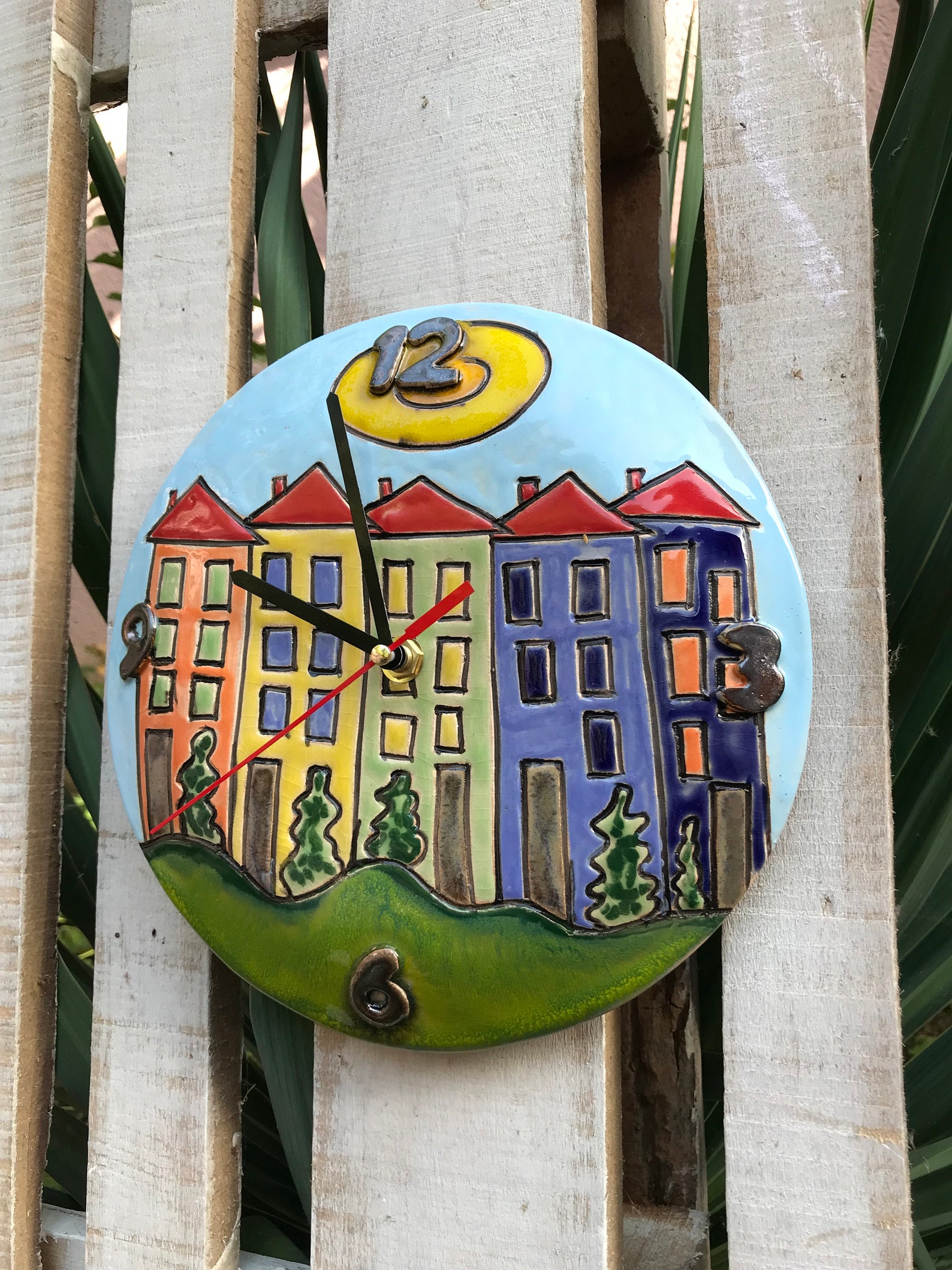 Handmade Ceramic Wall Clock, Colorful Townhouse Design, Kitchen Decor ...