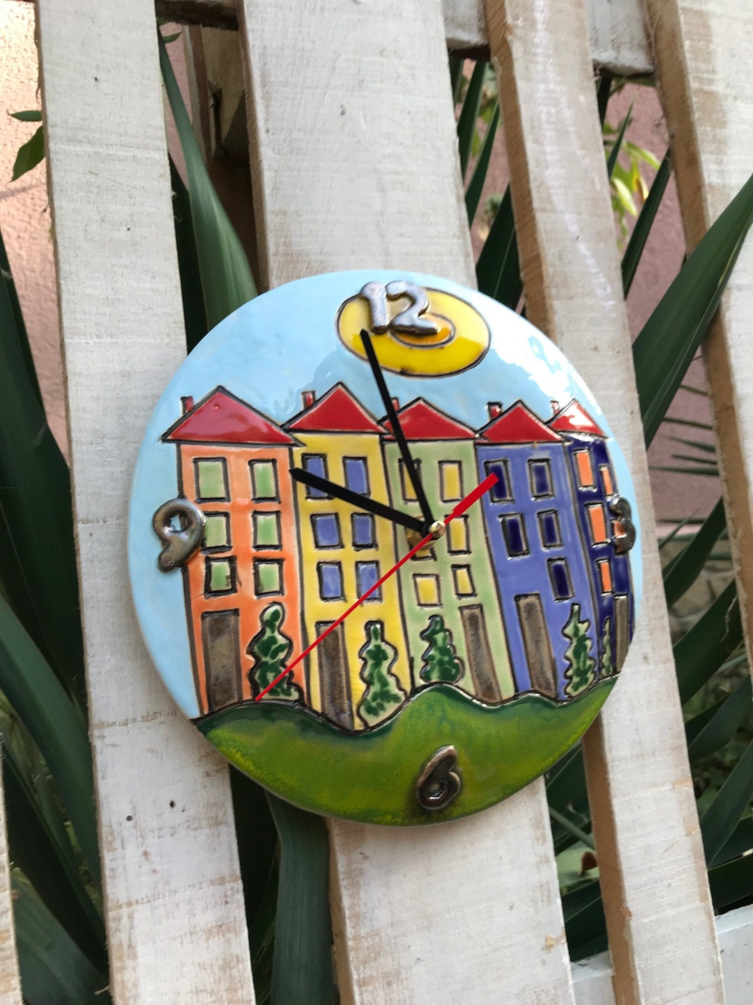 Handmade Ceramic Wall Clock, Colorful Townhouse Design, Kitchen Decor ...