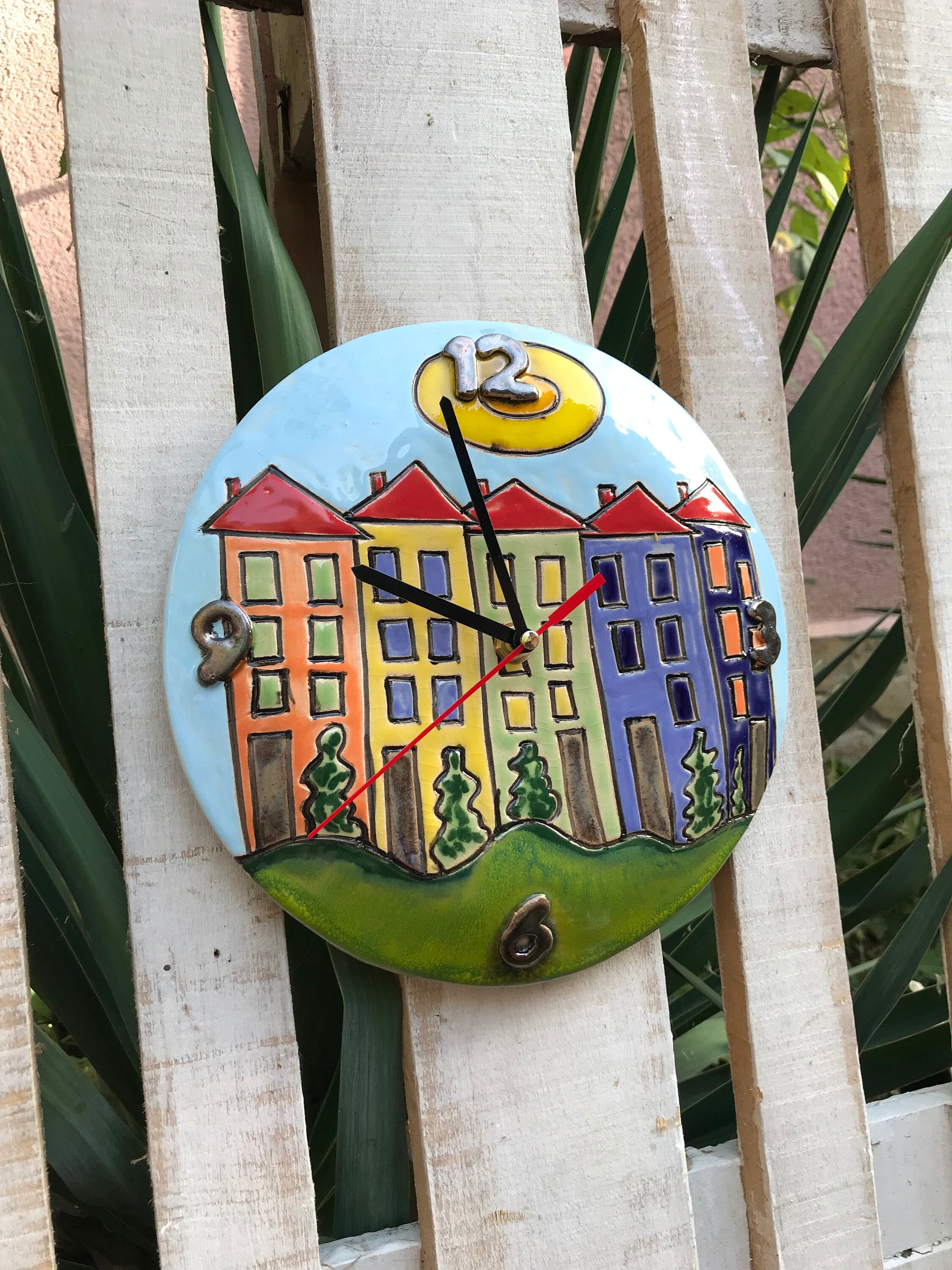 Handmade Ceramic Wall Clock, Colorful Townhouse Design, Kitchen Decor ...