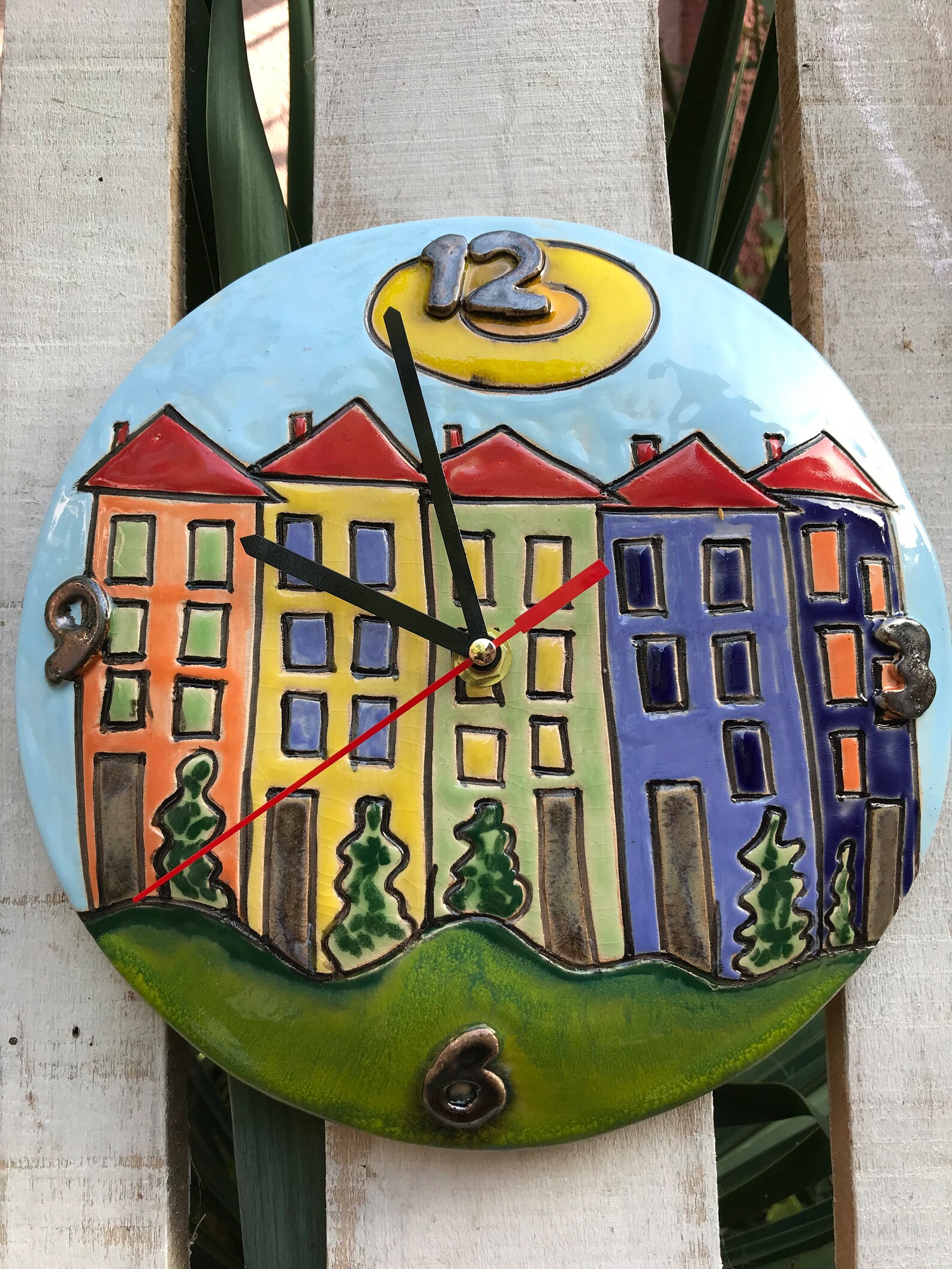 Handmade Ceramic Wall Clock, Colorful Townhouse Design, Kitchen Decor ...