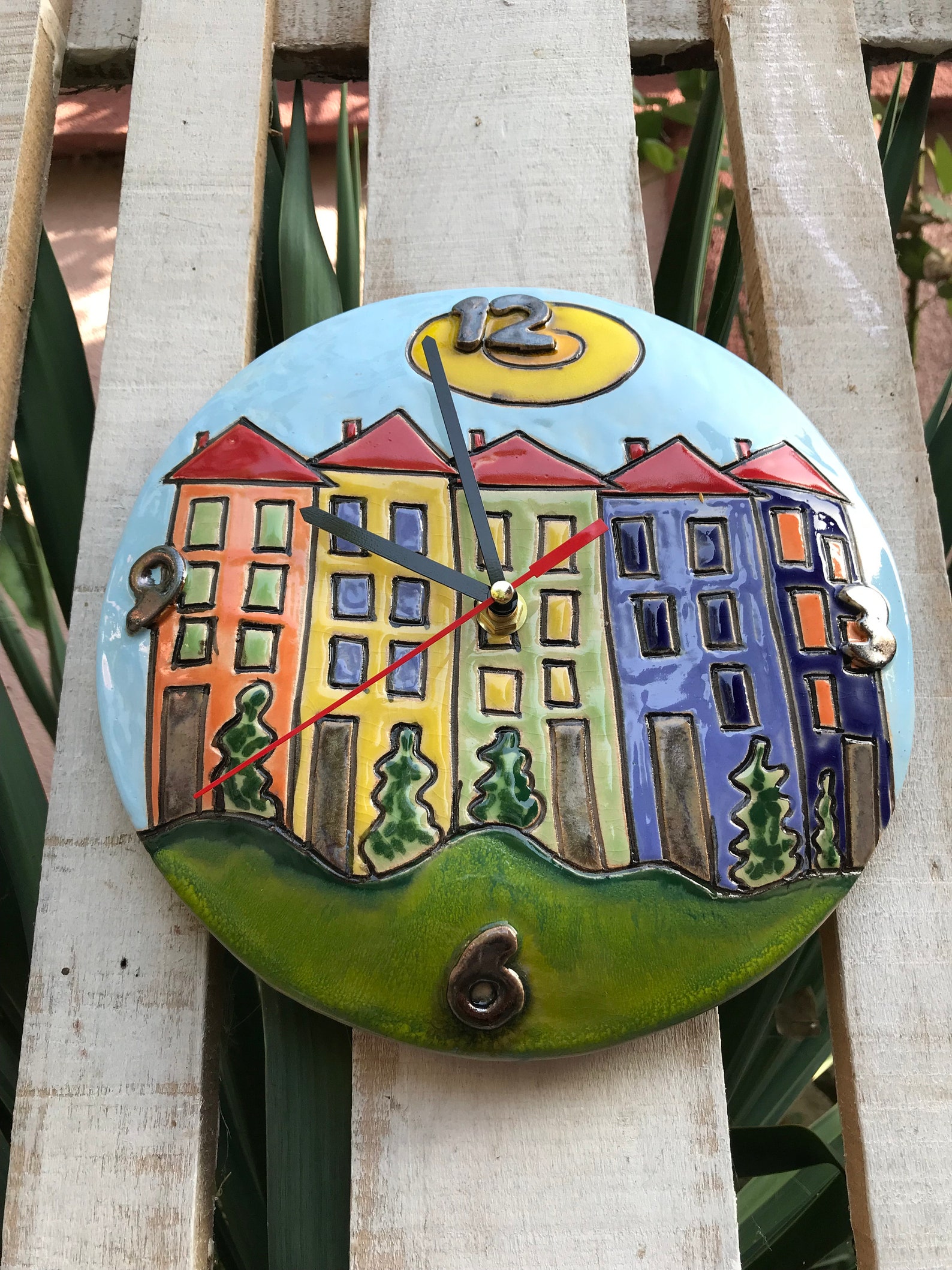 Handmade Ceramic Wall Clock, Colorful Townhouse Design, Kitchen Decor ...