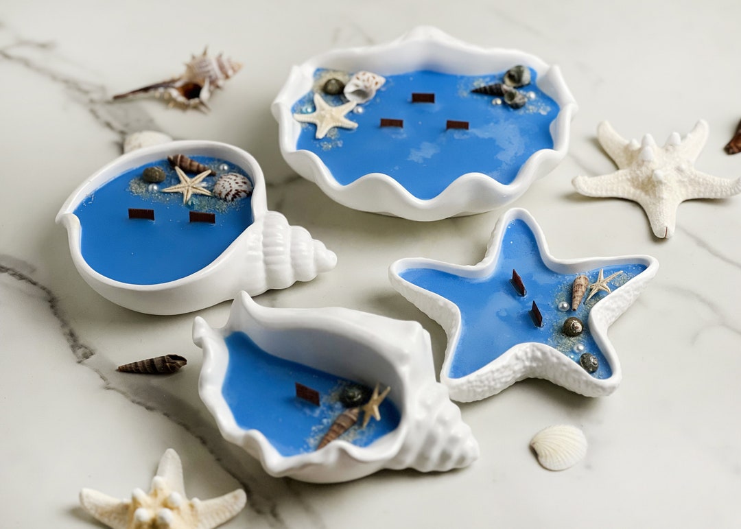 Handmade Nautical Blue Soy Candles With Wood Wick and Shells With Azure ...