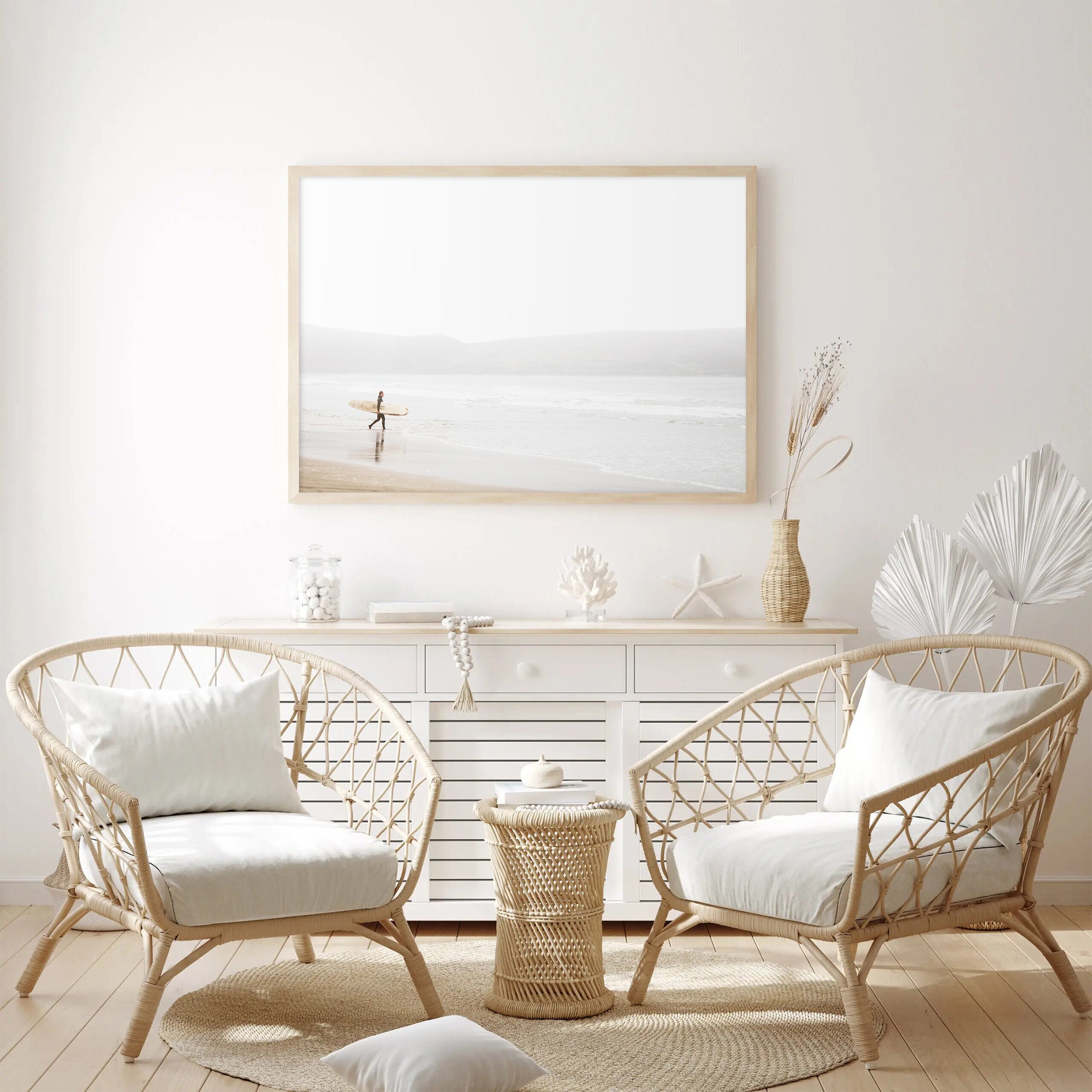 Coastal Beach Prints Set: Neutral Ocean Landscape, Palm Tree, Surf Wall ...