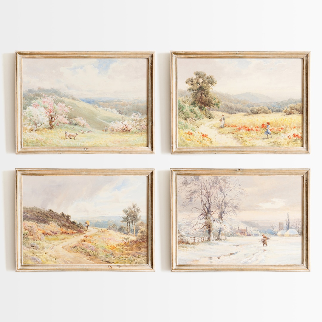 Four Seasons Vintage Landscape Print Set: Farmhouse Watercolor Painting ...