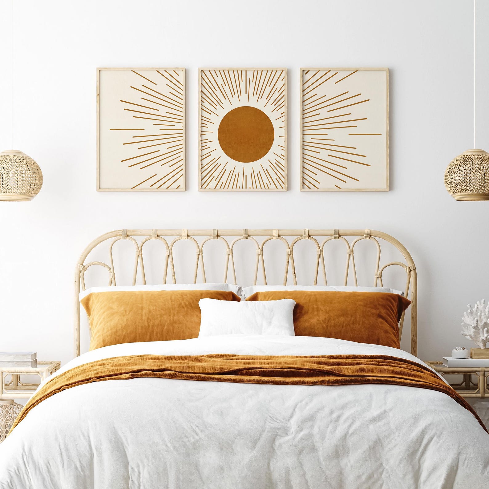 Boho Sun Print Set: Above Bed Decor, Bedroom Wall Art, Mid Century ...