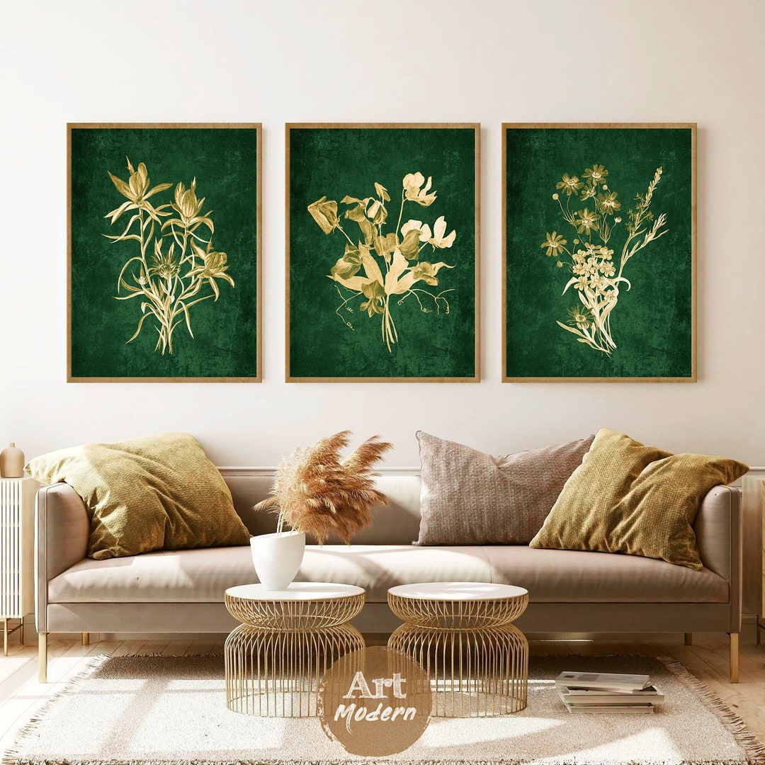 Emerald Green Botanical Print Set, Gold Floral Wall Art, Flower Artwork ...