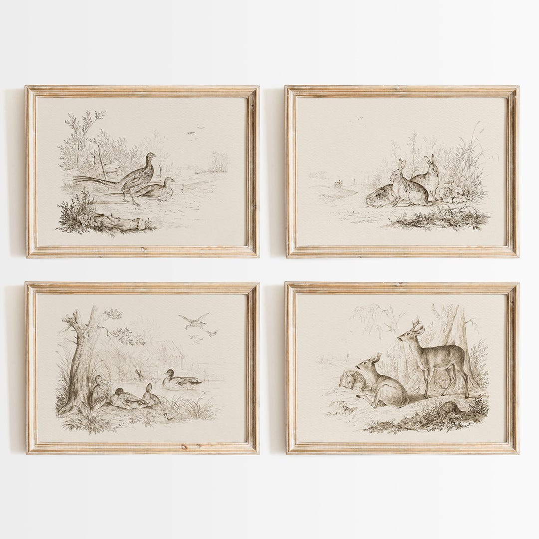 Woodland Animal Prints Set: Rustic Farmhouse Cottage Decor, Neutral ...
