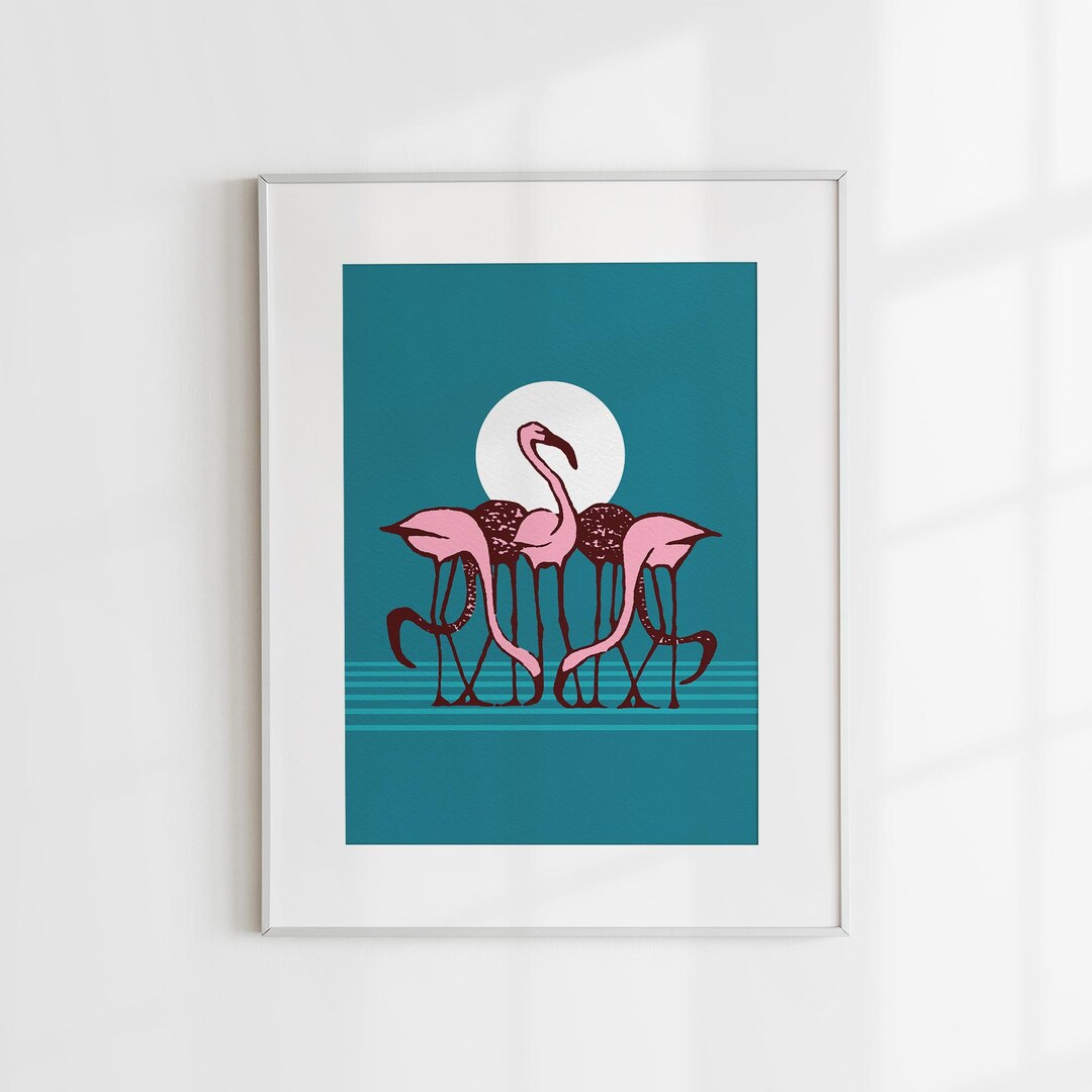 Pink Flamingos Art Print: Teal Wall Art, Blue Minimalist Poster, Modern ...