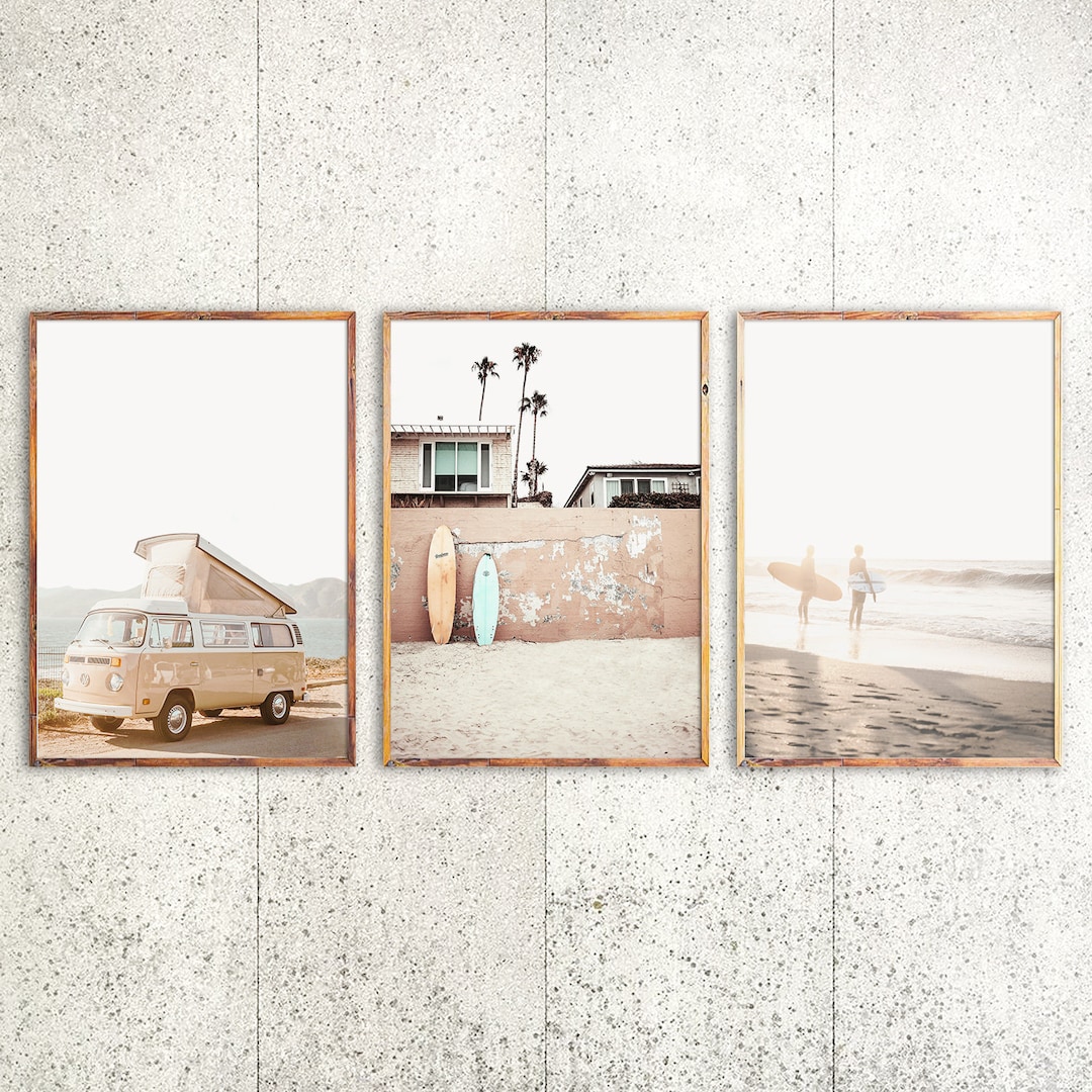 Set of 3 Surf Prints Coastal Beach Decor Surfboard Art VW Bus Print ...